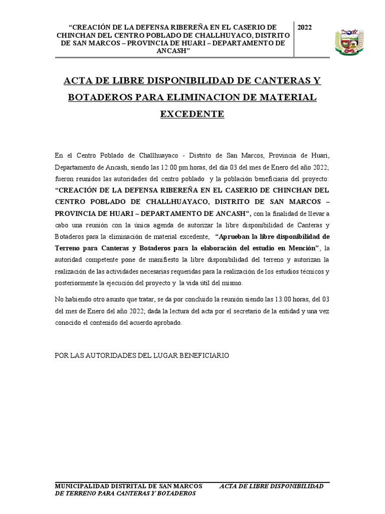ACTA-DE-LIBRE-DISPONIBILIDAD-DE-TERRENO - Botadero | PDF