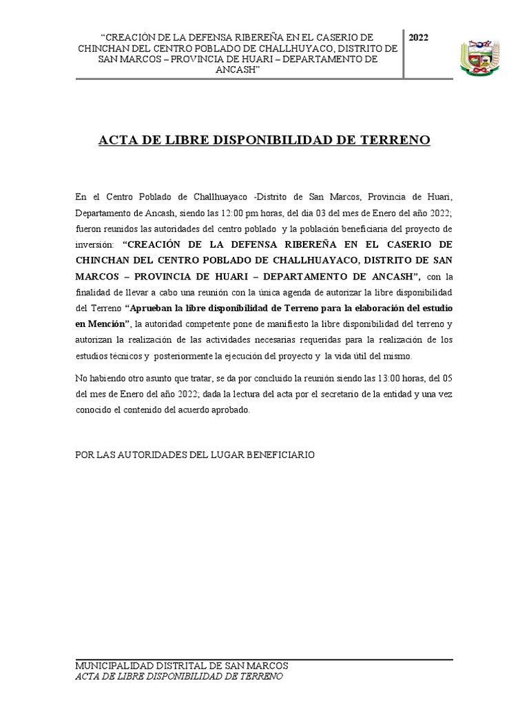 Acta de Libre Disponibilidad de Terreno | PDF