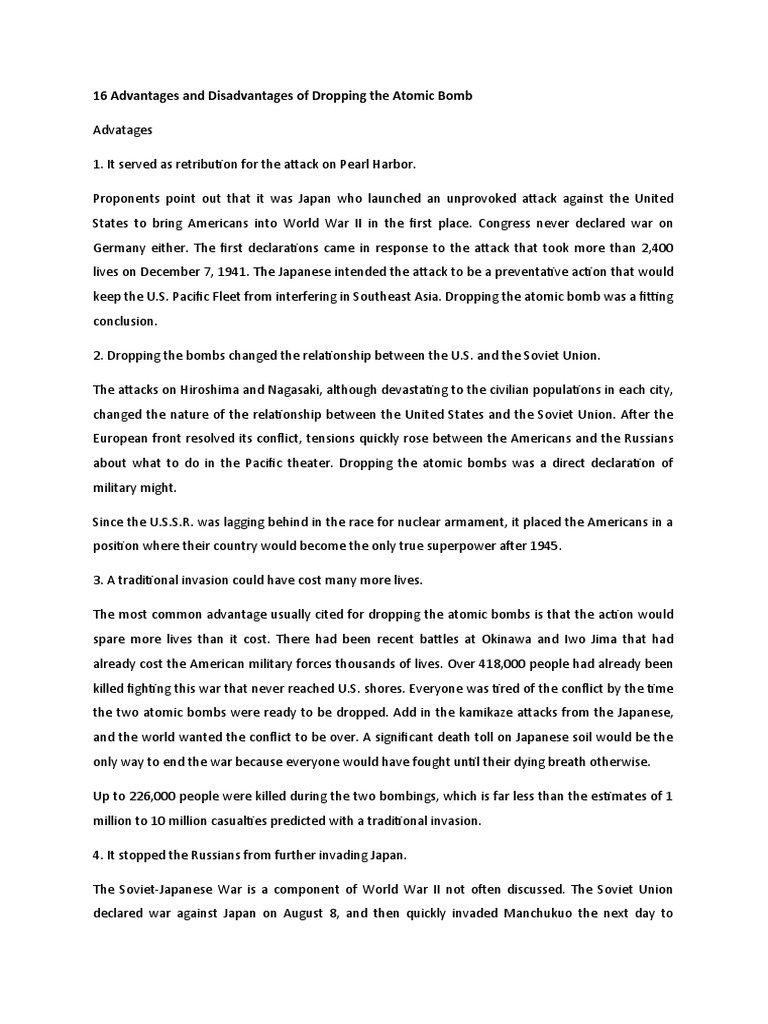 16 Advantages and Disadvantages of Dropping The Atomic Bomb | PDF ...