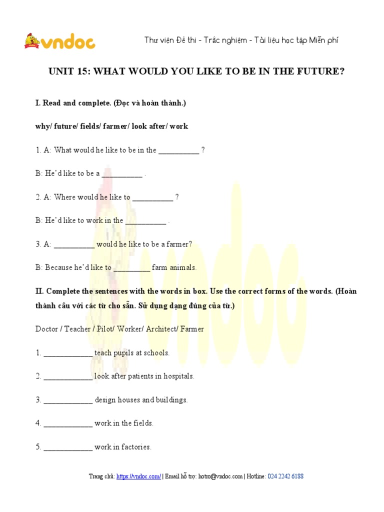 Trac Nghiem Tieng Anh Lop 5 Unit 15 What Would You Like To Be in The Future | PDF