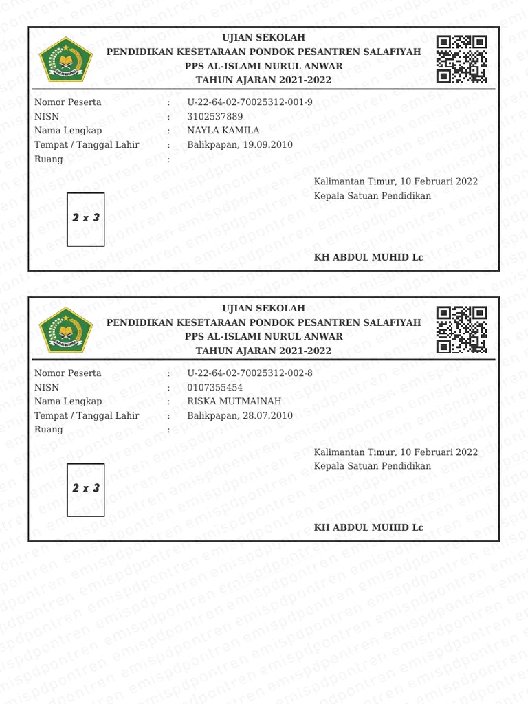 Contoh Kartu Ujian | PDF