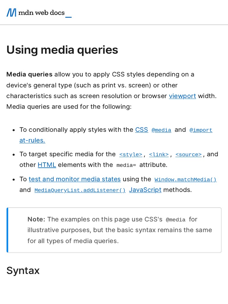 22 Using Media Queries Css Cascading Style Sheets Mdn Pdf World Wide Web Internet And Web