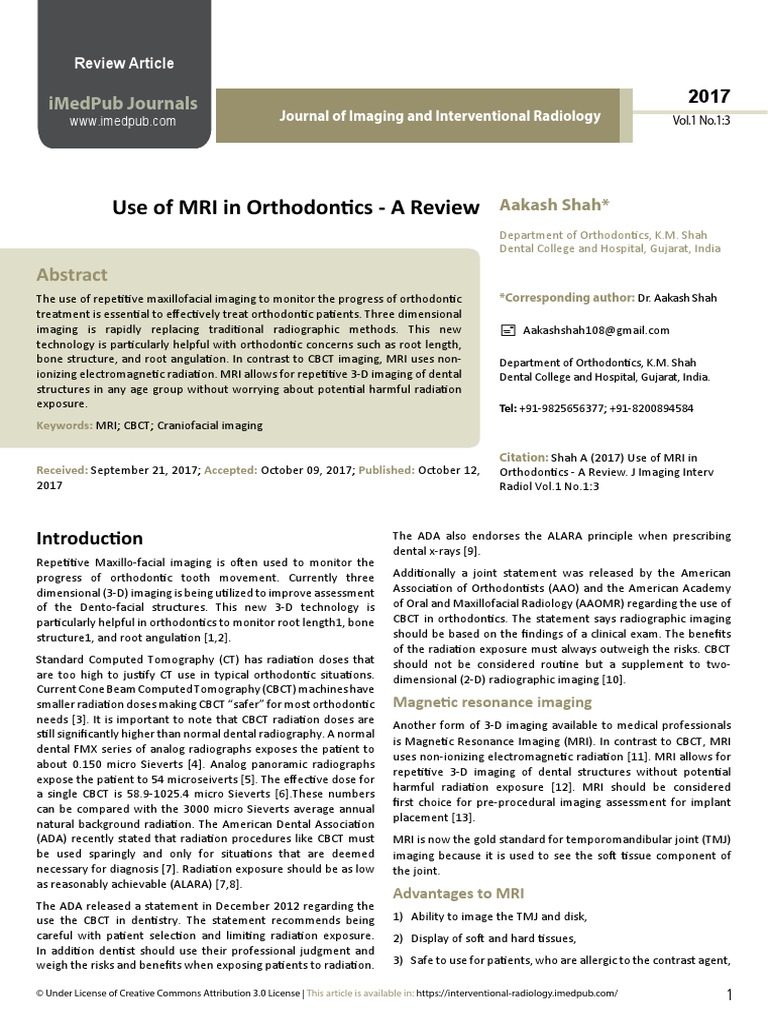 2017 - Use of MRI in Orthodontics - A Review | PDF | Medical Imaging ...