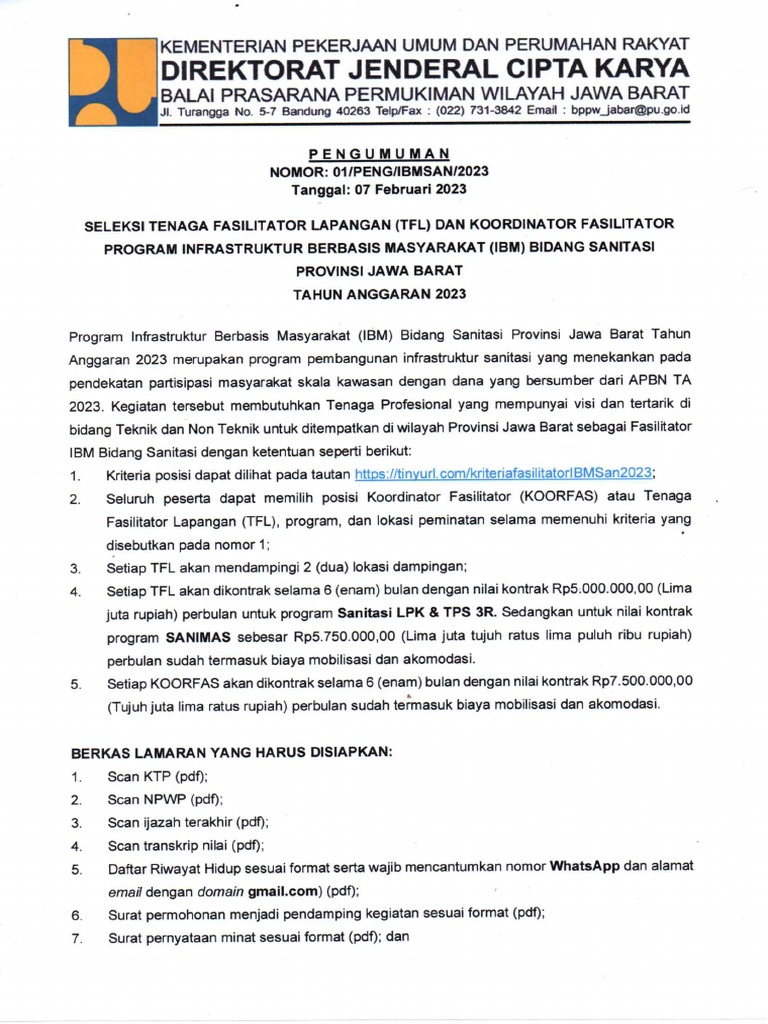 Pengumuman Rekrutmen Fasilitator IBM Sanitasi TA 2023 | PDF