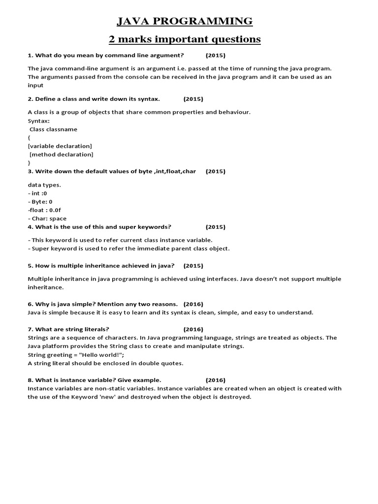 Java 2marks Imp Ques Ans Pdf Programming Constructor Object Oriented Programming 7368