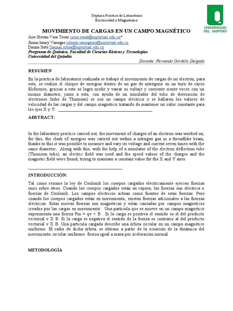 Laboratorio Electricidad Y Magnetismo 7 Movimiento De Cargas Pdf
