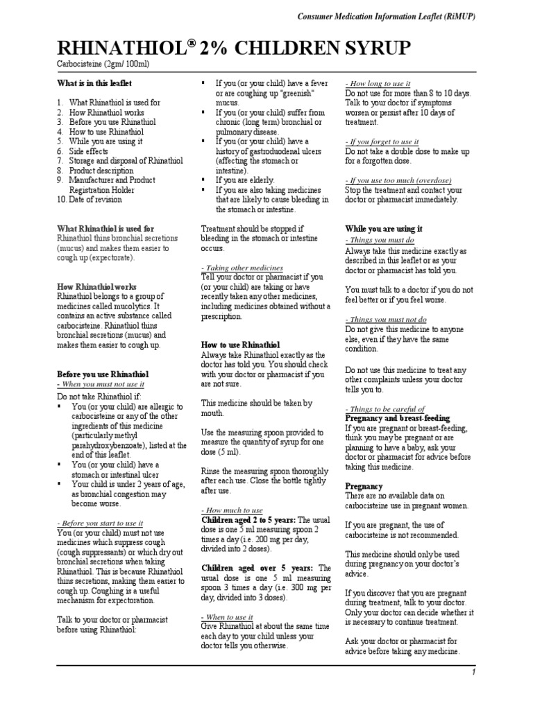 Rhinathiol Children Syrup Product Leaflet | PDF | Cough | Allergy