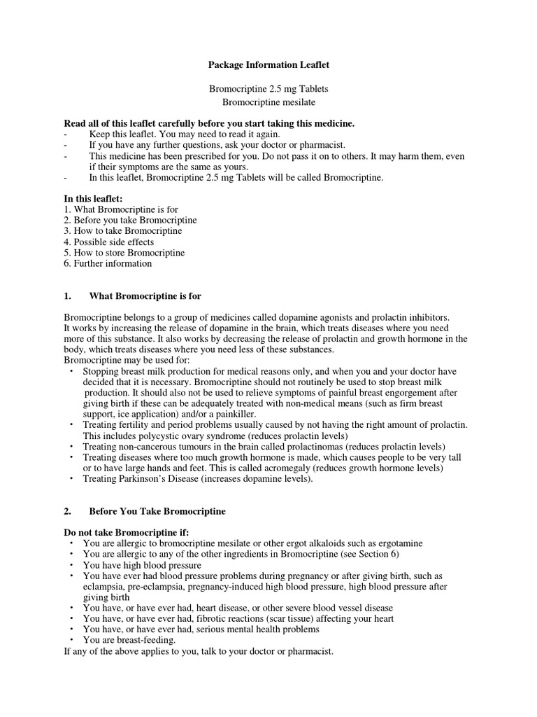 Bromocriptine Tablet Product Leaflet | PDF | Dose (Biochemistry ...