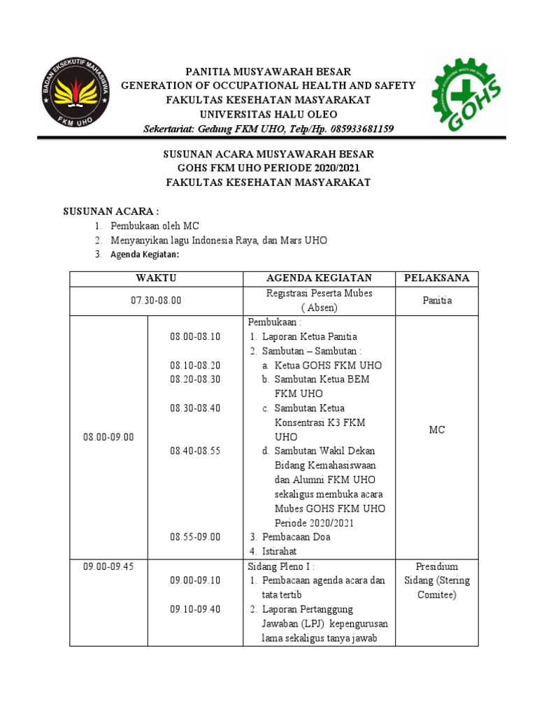 AGENDA MUSYAWARAH BESAR GOHS FKM UHO 2020/2021 | PDF