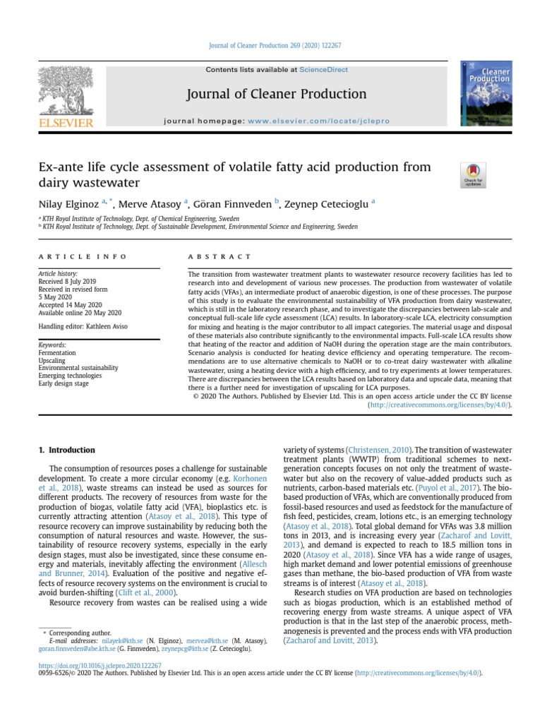 Ex Ante Life Cycle Assessment of Volatile Fatty Acid - 2020 - Journal ...