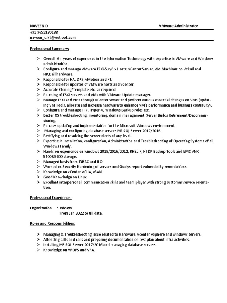 A Comprehensive Resume Showcasing Over 6 Years of Experience in VMware ...