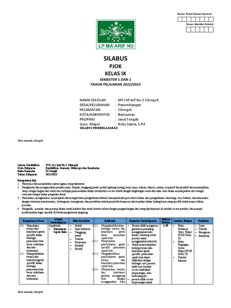 Silabus PJOK Kelas 9 Semester 1 Dan 2 | PDF