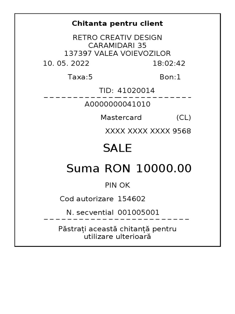 Suma Sale RON 10000.00: Chitanta Pentru Client | PDF
