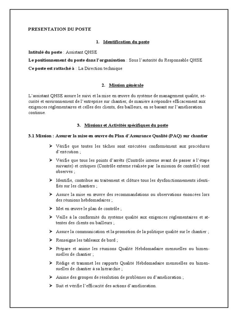 Fiche de Poste Assistant Qhse | PDF | Sécurité | Business Fiche de Poste Assistant Qhse | PDF | Sécurité | Business