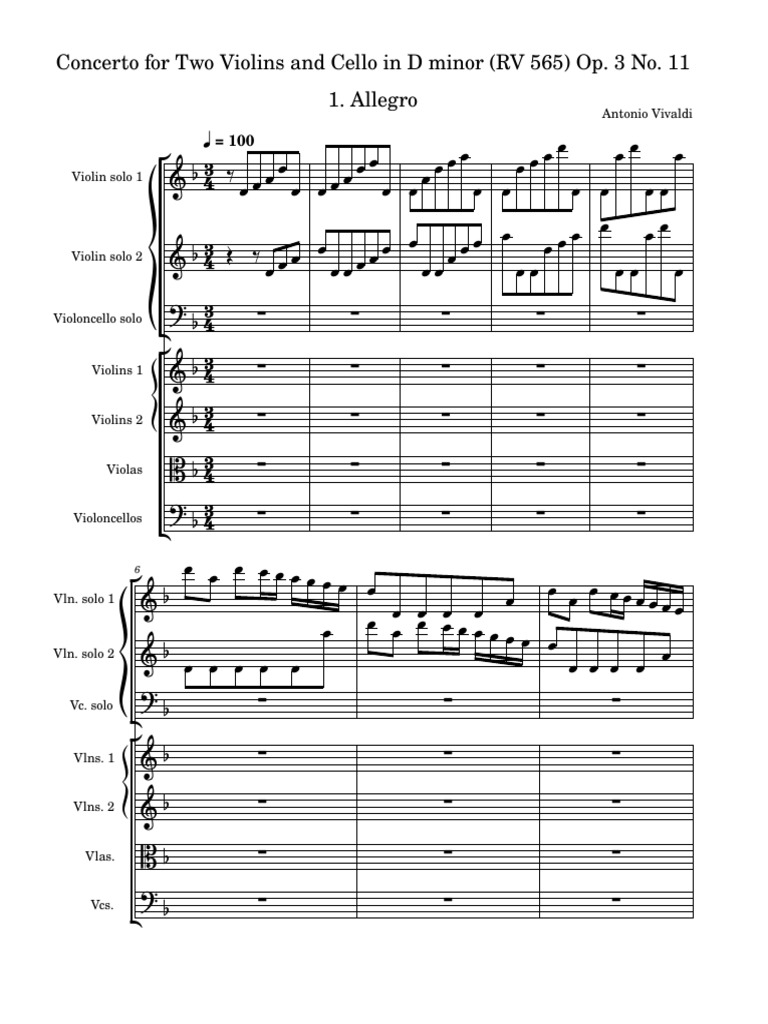 Concerto For Two Violins and Cello in D Minor RV 565 Op. 3 No. 11 | PDF ...