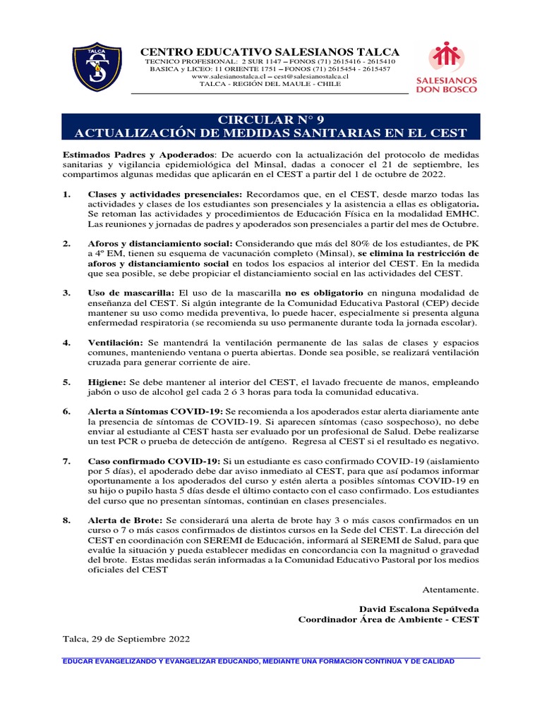 Circular N°9 Actualizacion de Medidas Sanitarias en El Cest 2022 | PDF | Enfermedades y ...