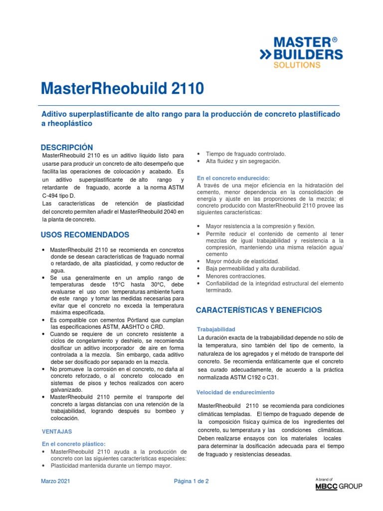 Aditivo Masterrheobuild 2110 | PDF | Hormigón | Cemento