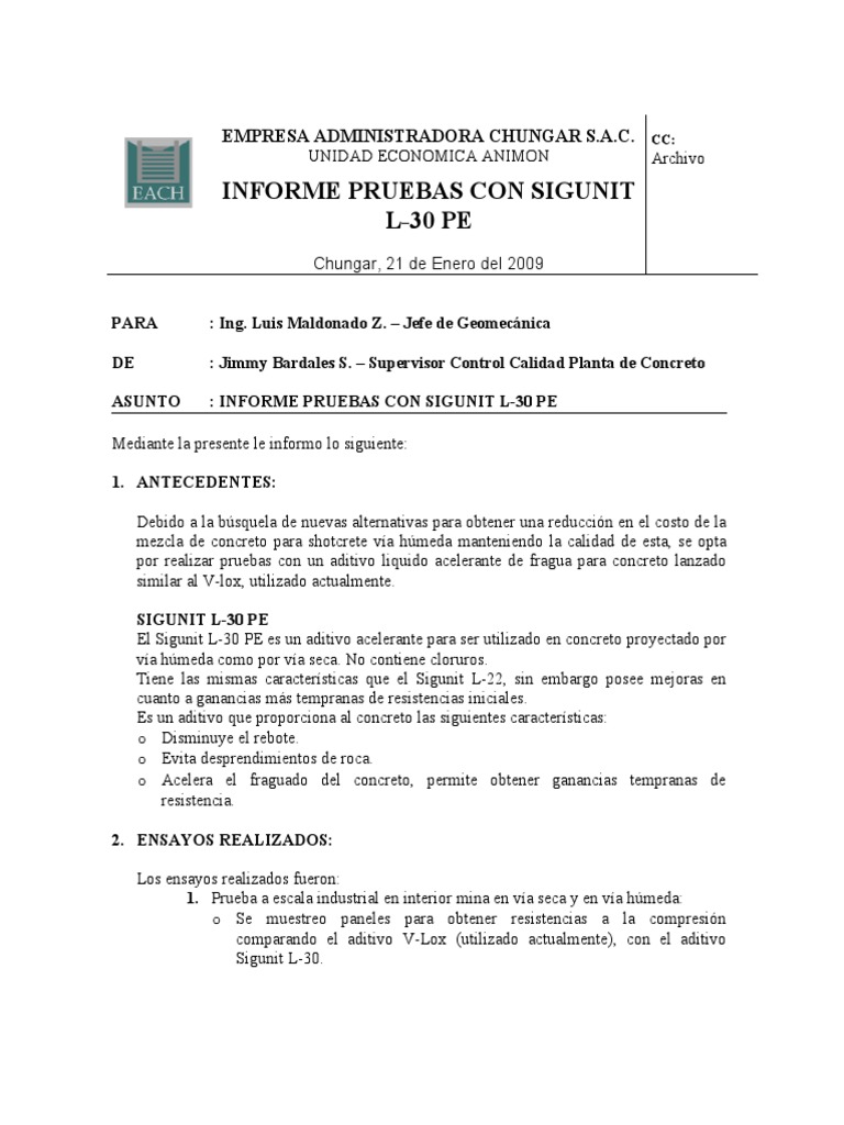 Informe Pruebas Con Sigunit L 30 | PDF | Hormigón | Cemento