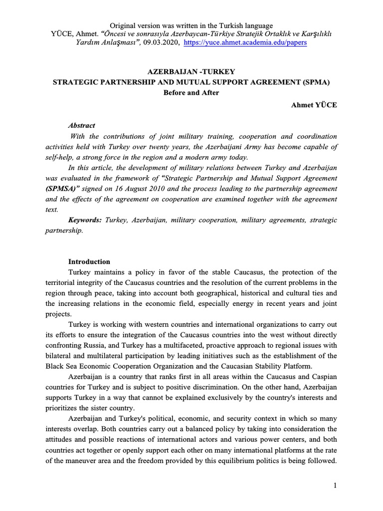 Azerbaijan Turkey Strategic Partnership PDF | PDF | Azerbaijan | Armenia