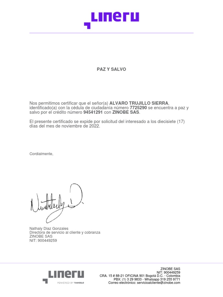 Certification Paz y Salvo 94541291 | PDF