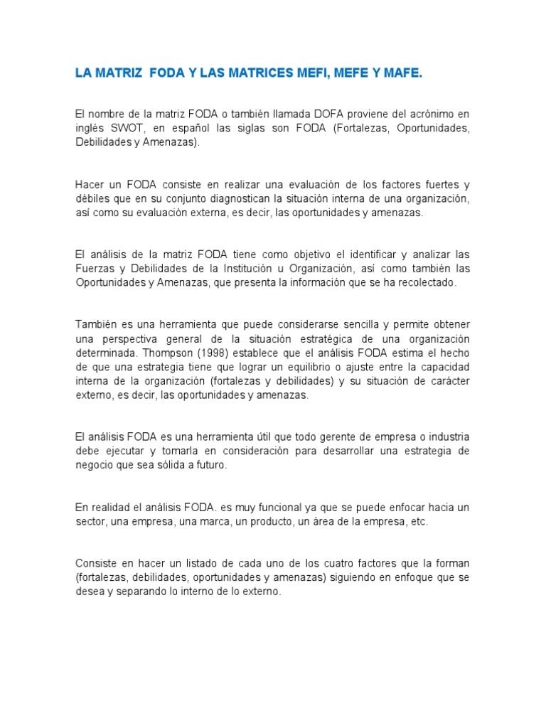 La Matriz Foda - Mefi Mefe y Mafe | PDF | Análisis FODA | Business