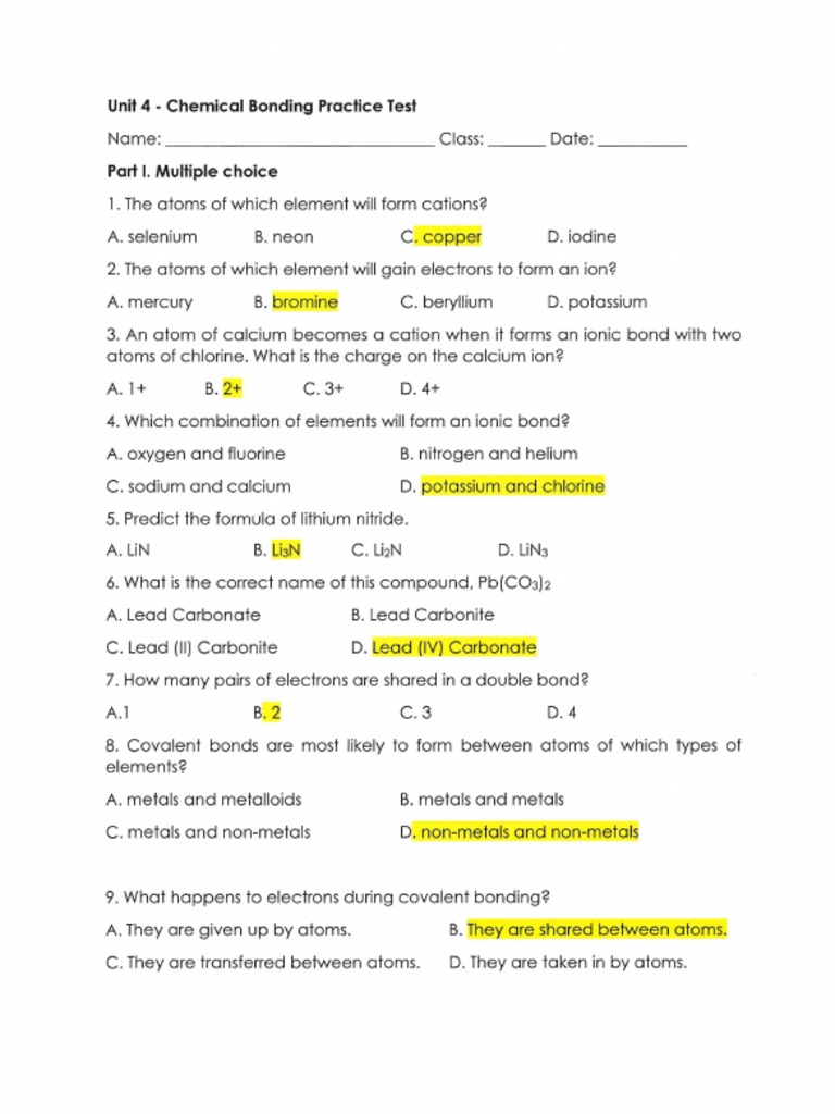 Unit 4 - Chemical Bonding Practice Test With Answers | PDF