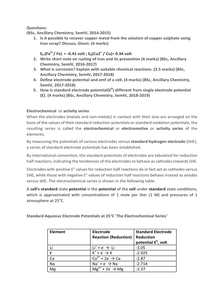 Electrochemical Series | PDF | Redox | Rust