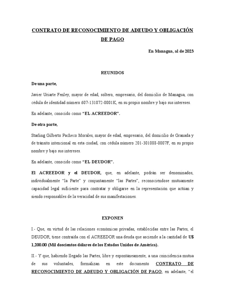 Contrato de Reconocimiento de Adeudo | PDF | Pagos | Deuda