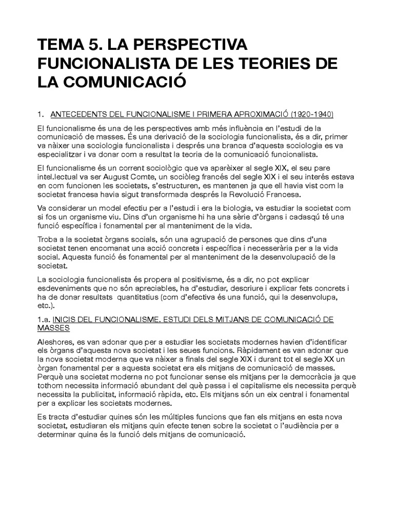 TEMA 5. LA PERSPECTIVA FUNCIONALISTA DE LES TEORIES DE LA COMUNICACIÓ. | PDF