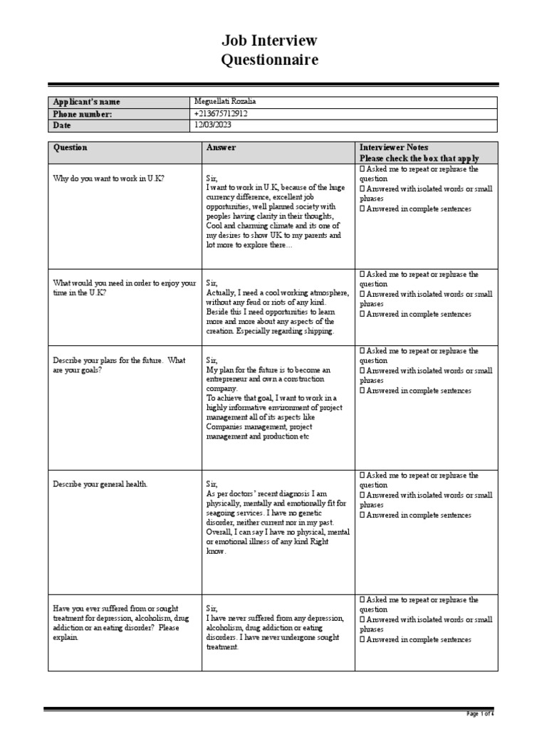 Job Interview Questionnaire | PDF | Substance Abuse | English Language