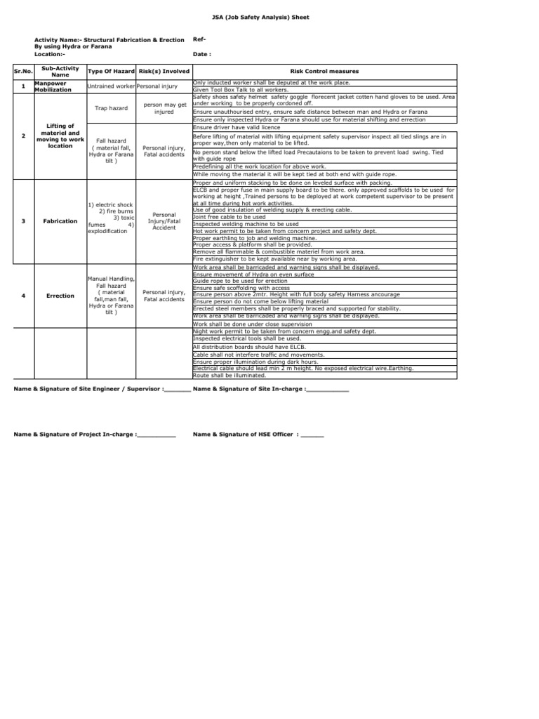 Structural Fabrication & Erection by Using Hydra or Farana JSA HSE Professionals | PDF | Welding ...
