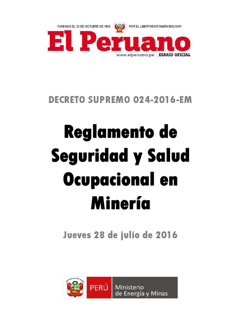 DS 024-2016-EM Reglamento de Seguridad y Salud Ocupacional en Mineria ...