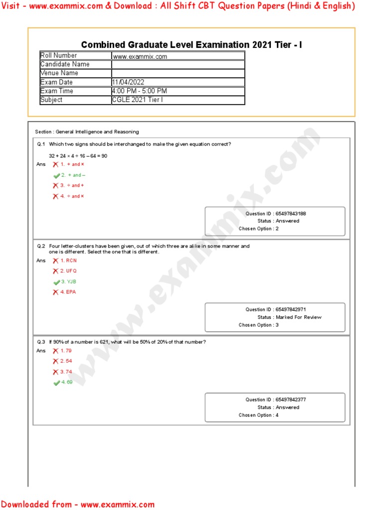 SSC CGL Tier 1 Question Paper 11 April 2022 3rd Shift in English PDF ...