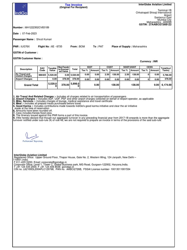 Tax Invoice MH1222302 CV83189 | PDF | Airport | Taxes