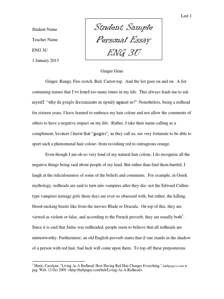 Gr11 Sample-Personal-Essay #2 | PDF | Red Hair