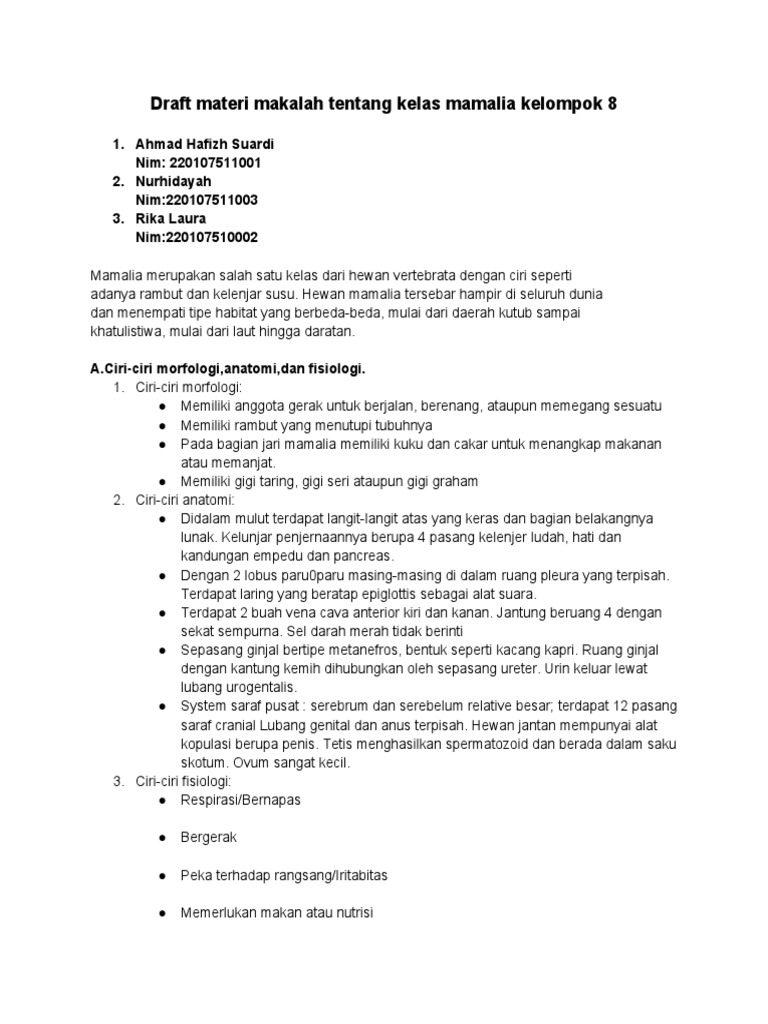 Draft Materi Makalah Tentang Kelas Mamalia Kelompok 8 | PDF | Sains & Matematika