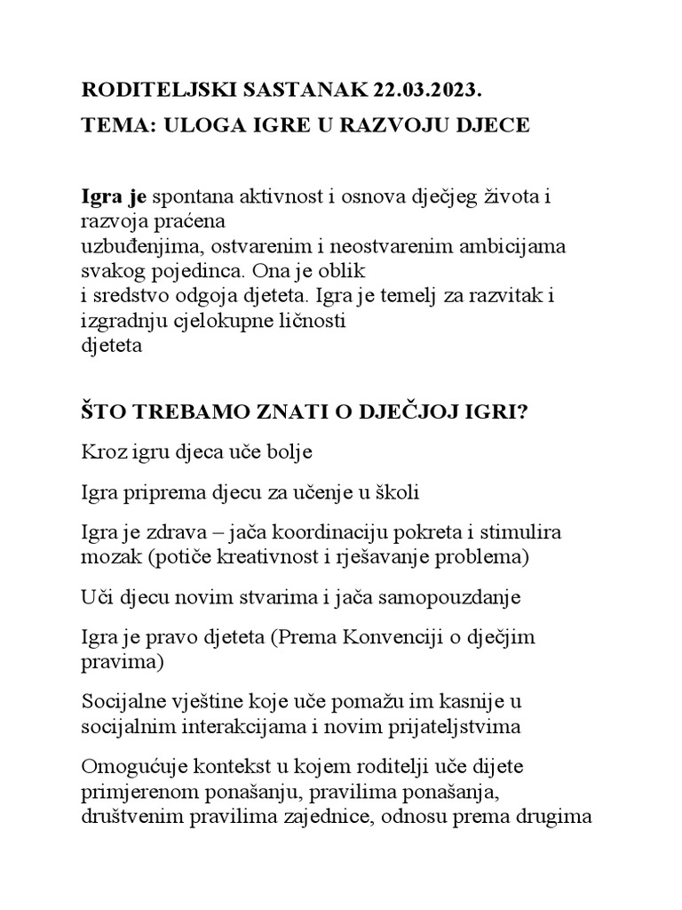 Uloga Igre U Dječjem Razvoju R.S | PDF