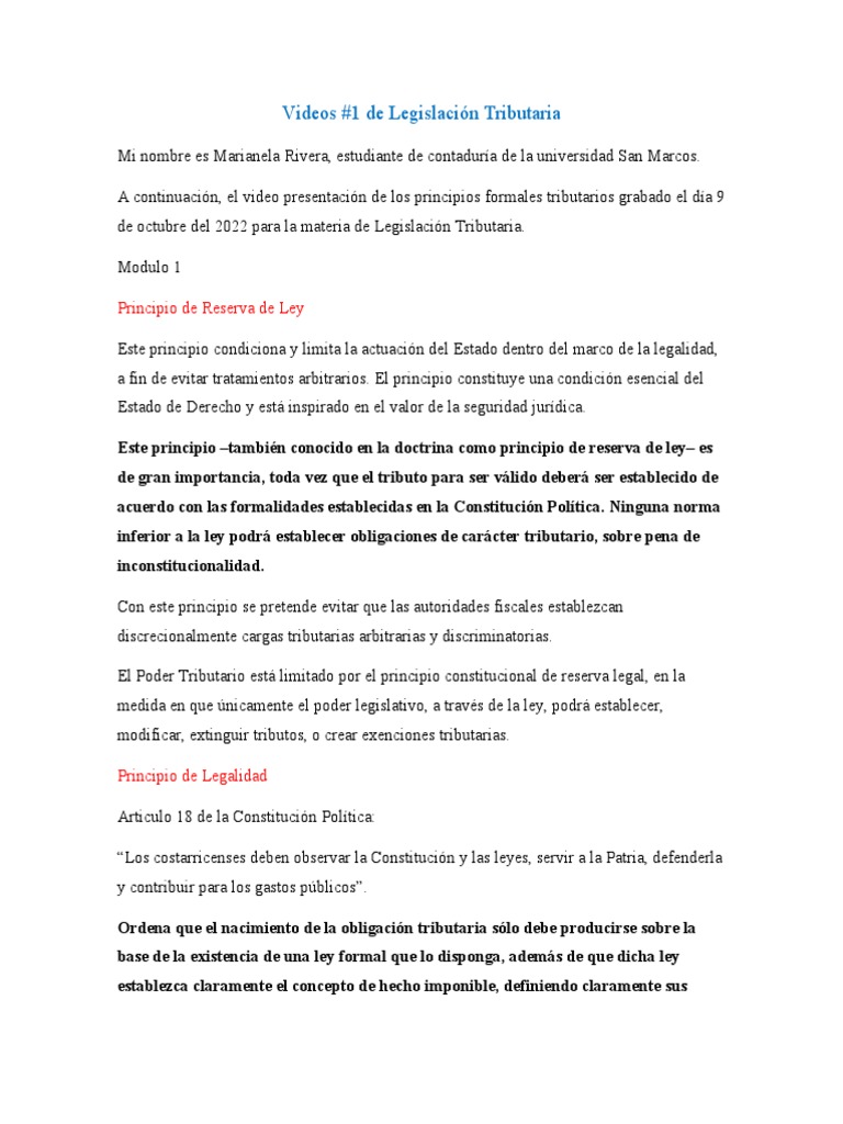 Video 1. Principios Tributarios. Legislacion Tributaria | PDF | Estado ...