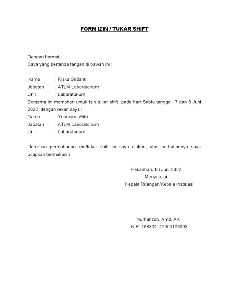 Form Izin Tukar Shift | PDF