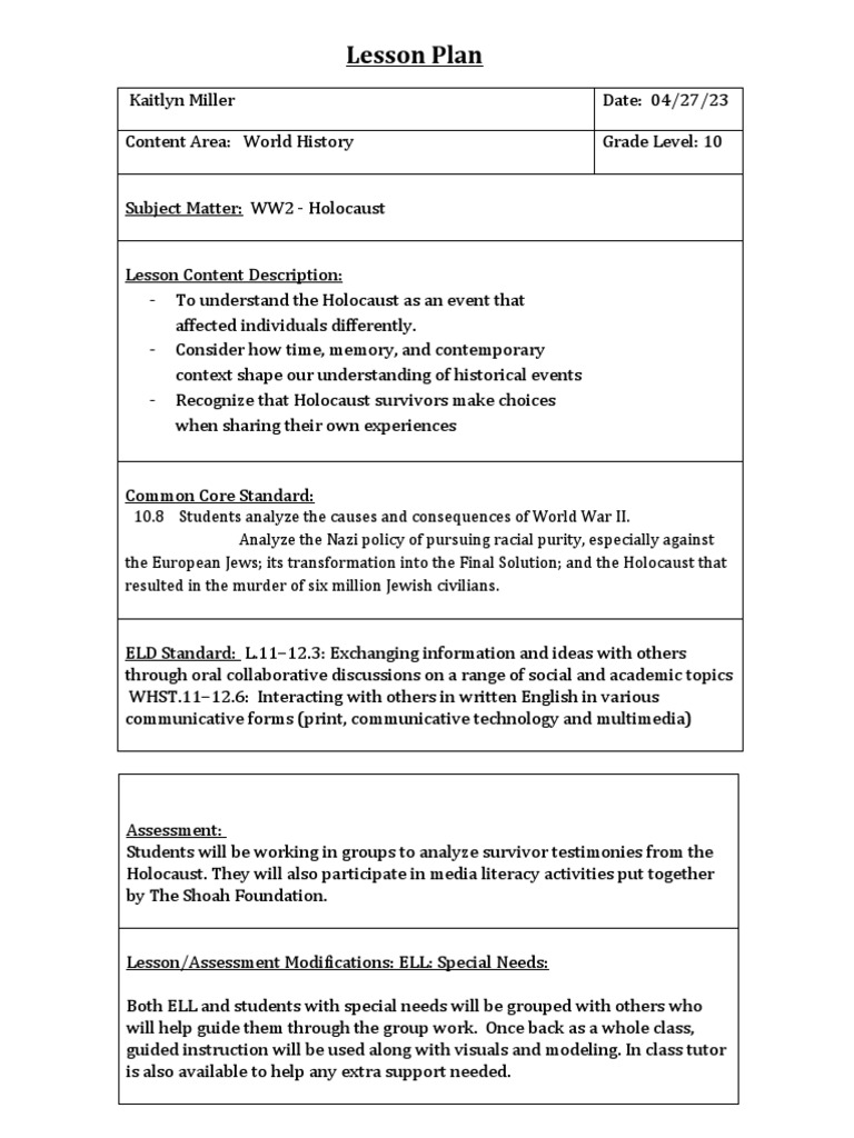 Lesson Plan Understanding The Holocaust Through Testimony and Media ...