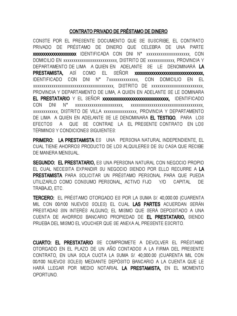Contrato privado de préstamo de dinero entre prestamista y prestatario | PDF | Economias