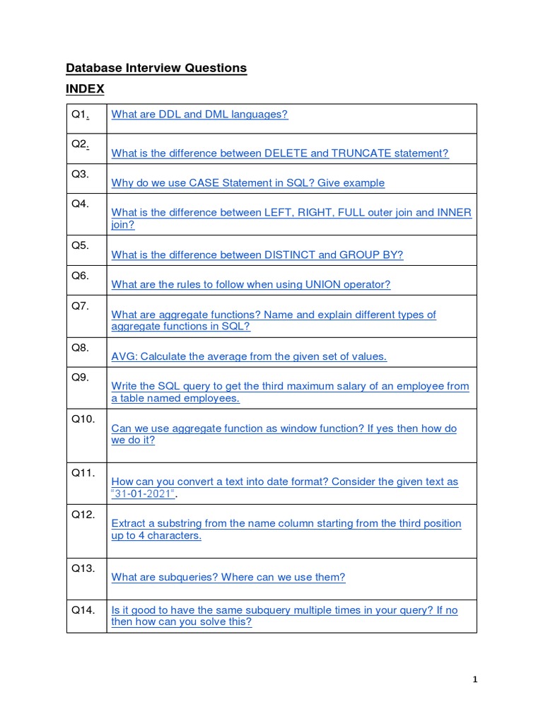 Database Interview Question | PDF | Database Index | Table (Database) Database Interview Question | PDF | Database Index | Table (Database)