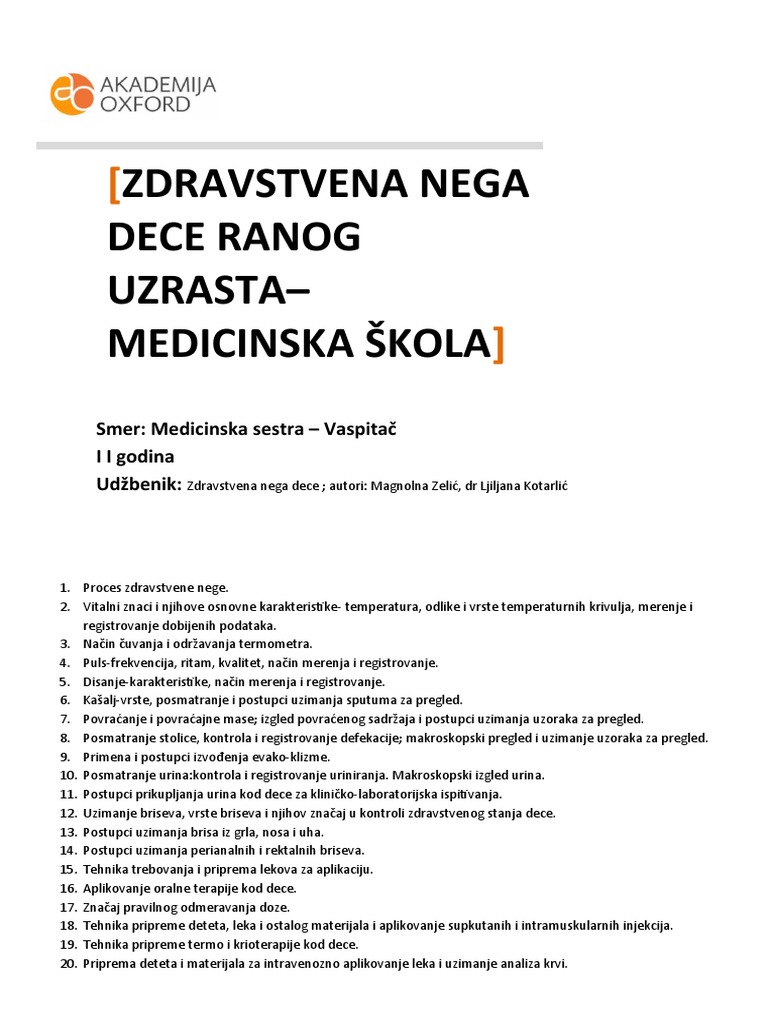 2 Zdravstvena Nega Dece Ranog Uzrasta | PDF