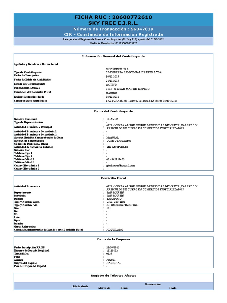 Ficha RUC de SKY FREE E.I.R.L. | PDF | Industrias de servicio | Economias