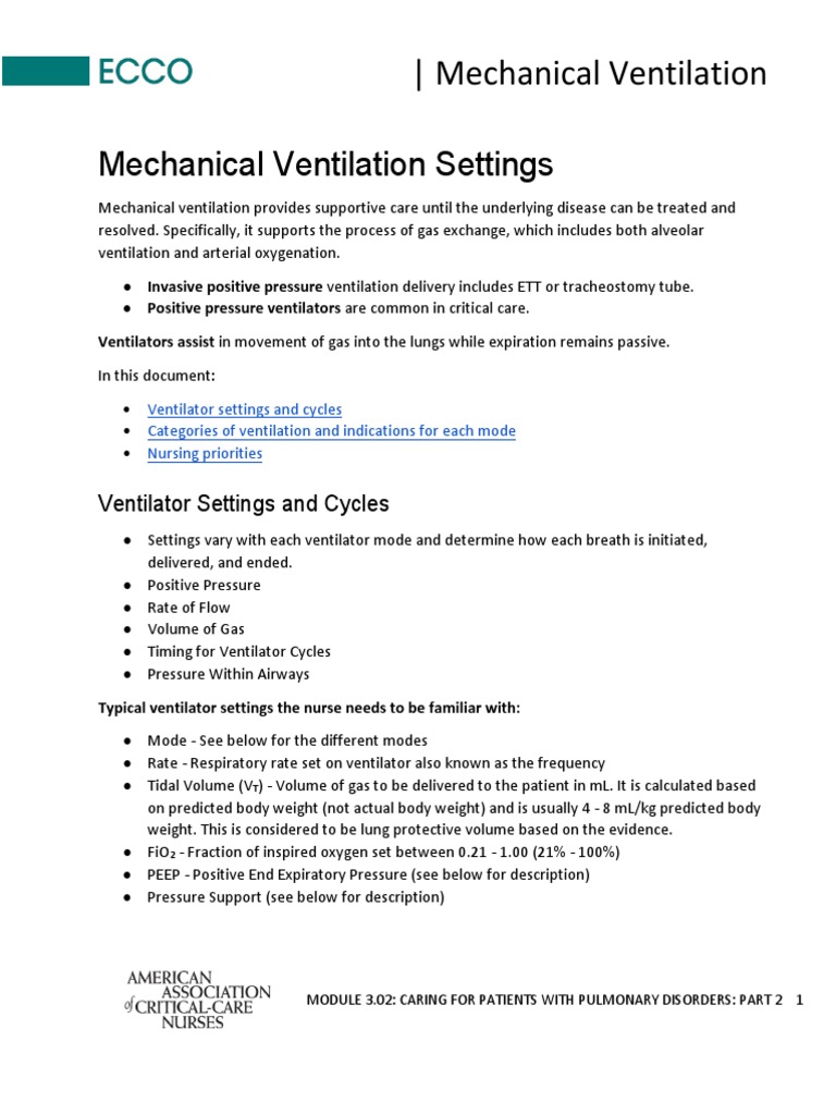 Ecco Pulmonary Mechanical Ventilation Settings | PDF | Respiratory ...
