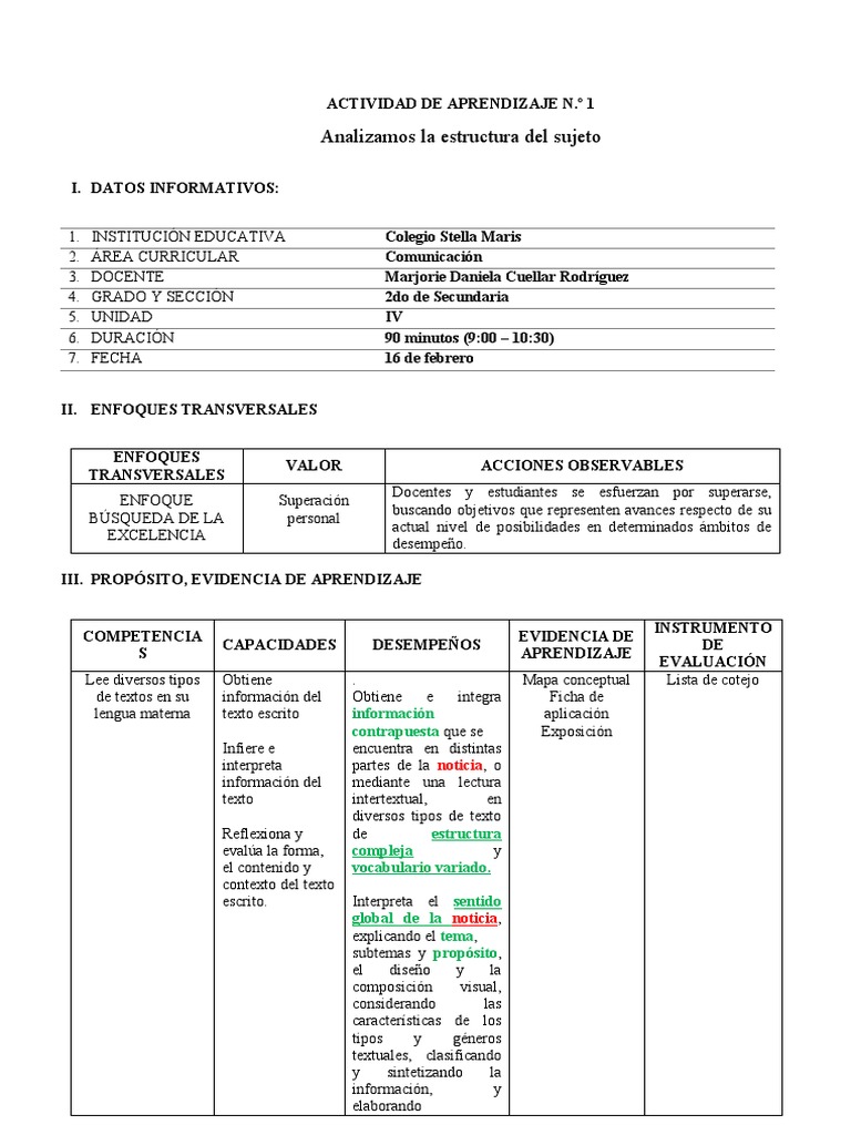 Sesión de Aprendizaje - El Sujeto - 2do | PDF | Evaluación | Aprendizaje