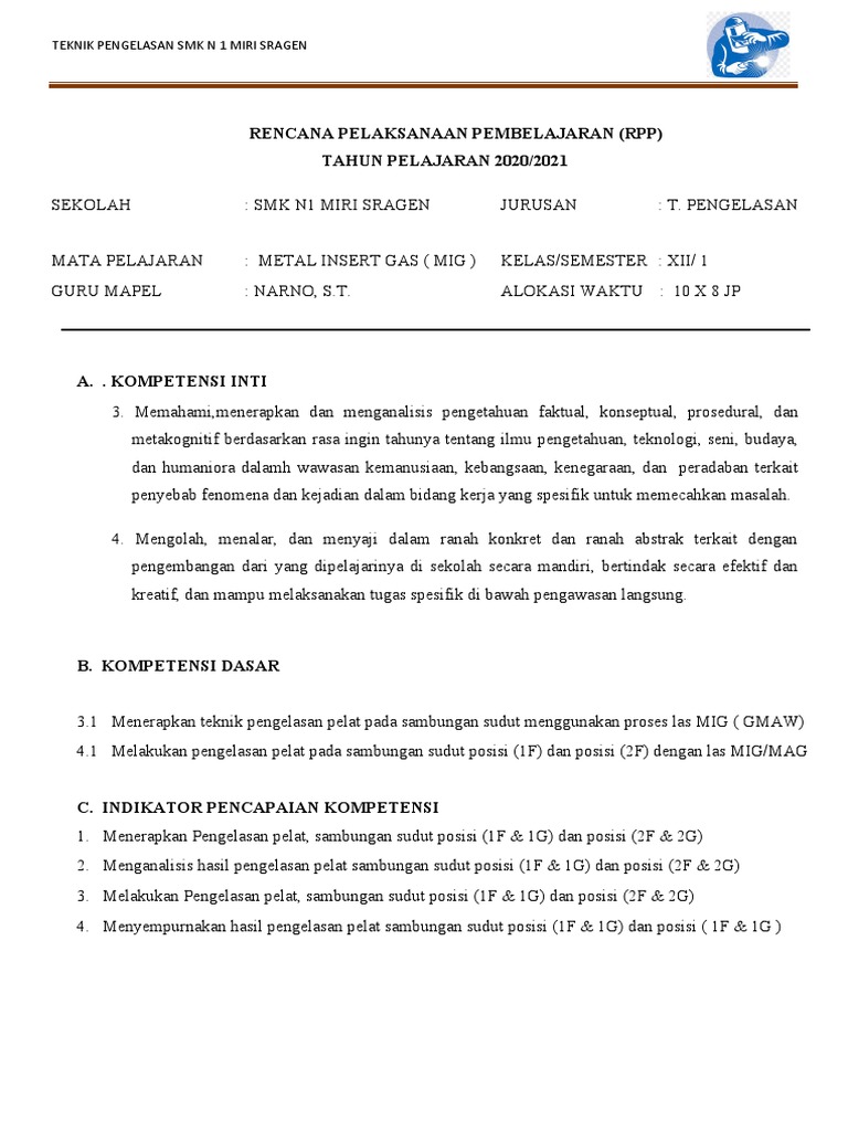 RPP Gmaw 2020 T. Pengelasan | PDF