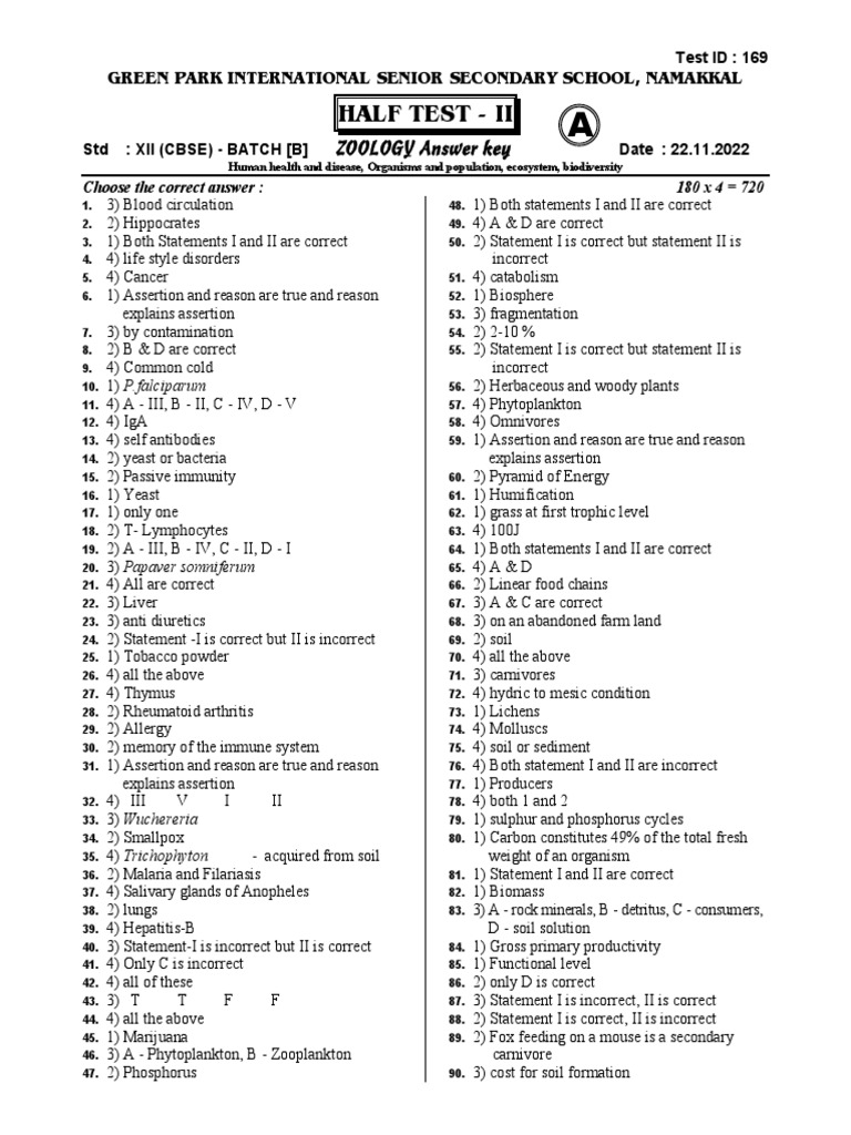 Half Test - Ii: ZOOLOGY Answer Key | PDF | Earth Sciences | Ecology