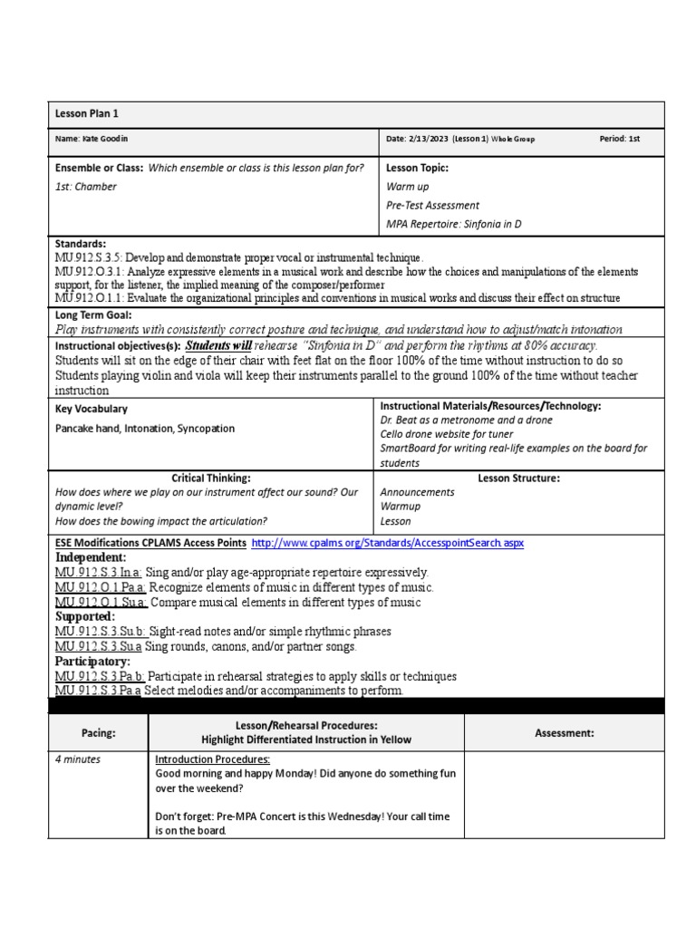 Lesson Plan 1 | PDF | Classroom Management | Violin