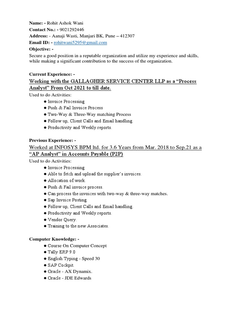 Resume - Rohit Wani Updated | PDF | Accounts Payable | Business Resume - Rohit Wani Updated | PDF | Accounts Payable | Business